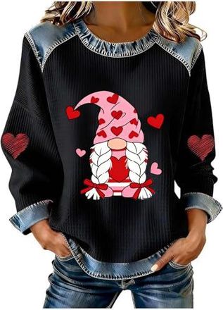 Generic Sweat-shirt &agrave; manches longues en denim pour femme - Motif coeur - Patchwork - Pull l&eacute;ger &agrave; manches longues - Col rond - Pull d&eacute;contract&eacute;, Noir, XXL