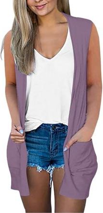 Generic Cardigan long confortable pour femme - Cardigan sans manches pour femme avec poches - Cardigan long d&eacute;contract&eacute; sans manches avec poches ouvert sur le