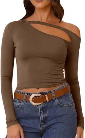 Generico Top élégant pour femme à manches longues coupe étroite avec décolleté irrégulier et creux T-shirt court pour femme à porter comme cape, Café, XL