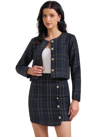 Allegra K Damen 2 St&uuml;ck Rock Sets Tweed Blazer Button Down Jacke Minirock Set Business Casual Outfits 2025, Dunkelblau, Gro&szlig;