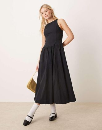 Abercrombie & Fitch Hochgeschlossenes Midikleid in Schwarz mit tief angesetzter Taille