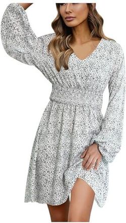 Generic Robe amincissante &agrave; pois pour femme, col en V, manches longues, taille pliss&eacute;e, jupe ajust&eacute;e, blanc, XXL