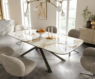 DELIFE Esstisch Edge Boot 240x120 cm Keramik Minas Melange Wei&szlig;-Beige Kreuzgestell Rechteck Edelstahl Graphit, Esstische