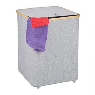 Relaxdays grau W&auml;schekorb mit Rollen, Bambus & Stoff, W&auml;schesammler mit Deckel, 90 Liter, faltbar, HBT 60 x 45 x 45 cm