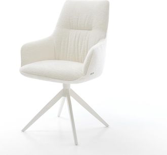 DELIFE Drehstuhl Zelia-Flex mit Armlehnen Boucl&eacute; Soft Beige Kreuzgestell breit Wei&szlig; 360&deg; drehbar Wippfunktion Taschenfederkern, Esszimmerst&uuml;hle