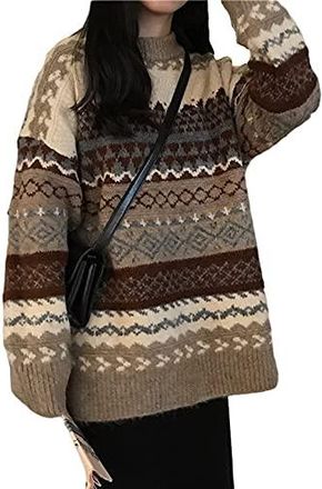Onsoyours Pull Femme Y2K Pull Géométrique Tricoté À Manches Longues en Vrac Pull Hauts Hiver Sweat Cadeaux De Noël Chaud Hiver Oversize Manches Longues Tricoté 