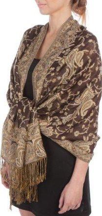 Sakkas 178cm x 71cm Double &eacute;paisseur Jacquard Cachemire Viscose Pashmina Ch&acirc;le/Echarpe/Etole - Chocolate Marron/Dor&eacute;