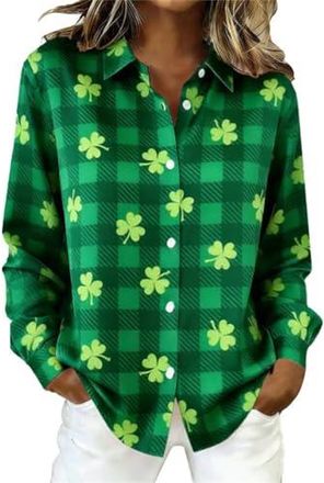 Generic Chemisiers en satin pour femme - Chemise boutonn&eacute;e &agrave; manches longues - Tr&egrave;fle porte-bonheur - En satin de soie - Col en V - Style d&eacute;contract&eacute; - Coupe 