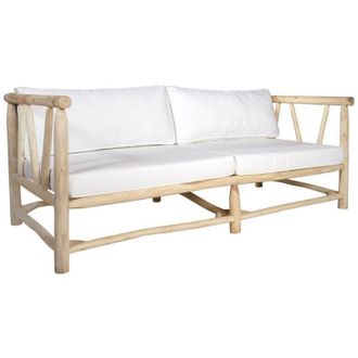 Vente-Unique Canap&eacute; de jardin 3 places en teck avec coussins - Naturel clair et blanc - TULUM de MYLIA