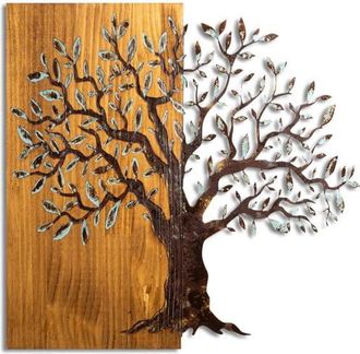 Wallity Hand-Painted Decorative Wooden Wall Accessory, 60 x 58 x 3 cm | 100% Solid Wood (3 cm) & Metal (1.5 mm) | Unique Art for Home D&eacute;cor, Natural Variation