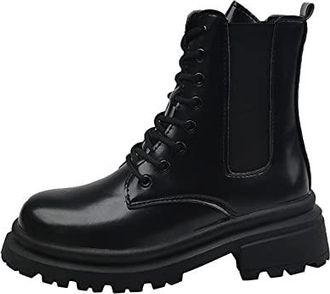 Generic Bottes de combat à plateforme pour femme - Bottes à lacets avec talon bloc - Semelle profilée - Tige courte - Bottines britanniques - Bout rond - Bott