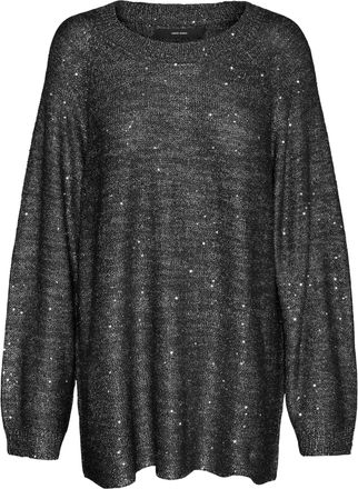 Vero Moda Damen Vmleilani New Ls O-Neck Long Pullover Strickpullover, Black/Detail:W. Silver Sequins, Large