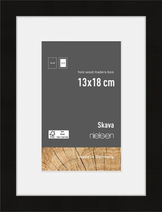 Nielsen Design Bilderrahmen mit Passepartout, 13 x 18 cm, Holz, Schwarz, Fotorahmen zum Auftstellen und Aufhängen im Hoch- & Querformat, Echtglas, Skava