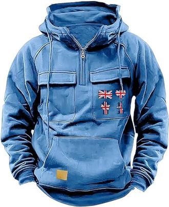 Generic Sweat à capuche pour homme avec imprimé drapeau de lAngleterre - Fermeture éclair 1/4 - Manches longues - Coupe ample - Cordon de serrage - Léger et d