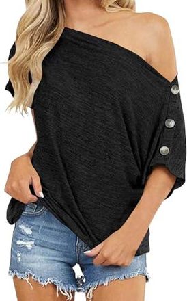 ORANDESIGNE T-Shirt Femme Mode Manches &agrave; &Eacute;paules D&eacute;nud&eacute;es Tee Shirt D&eacute;t&eacute; Sexy Manche Courte Col Bardot Haut Tops A Noir XL