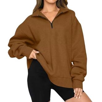 Generic Sweat &agrave; capuche zipp&eacute; surdimensionn&eacute; en polaire avec demi-fermeture &eacute;clair pour femme, caf&eacute;, XXL
