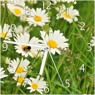 Wallario Design-Wanduhr Margeritenwiese aus Glas, Motiv-Uhr Größe 20 x 20 cm, weiße Zeiger