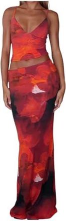 Generic Ensemble de jupes maxi, haut avec imprimé floral, jupe maxi sexy, tenue de soirée pour femme, jupe en cuir ligne A, multicolore, M