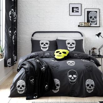 Catherine Lansfield Wende-Bettwäsche-Set für Doppelbett mit Kissenbezügen, Totenköpfe, Grau