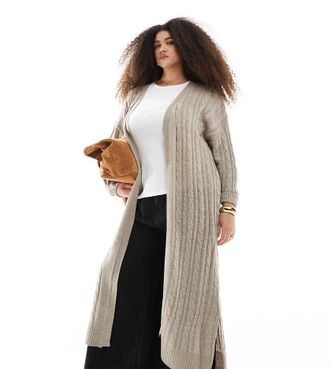 Yours Clothing Gilet long en maille torsad&eacute;e - Beige-Noir