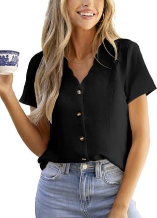 Cupshe Chemisier à manches courtes festonné et col en V boutonné pour femme - Chemisier décontracté texturé pour femme - Mode dété 2025, Noir, XL