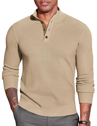 Coofandy Herren Pullover Half Neck Stehkragen Retro Strickpullover mit 1/4 Kn&ouml;pfe Wildleder Pulli Winterpullover Sweater Khaki XXL