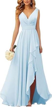 ORANDESIGNE Robe de Soirée en Mousseline Longue Grande Taille Fendue Sexy Col V Profond Chic Elégante Robe de Gala Promo A Bleu Clair M