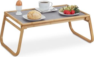 Relaxdays Betttablett Bambus, klappbare Beine, erh&ouml;hter Rand, Fr&uuml;hst&uuml;ckstablett Bett, HxBxT: 23 x 60 x 33 cm, Natur/grau
