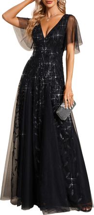 Ever-pretty Damen A-Linie Abendkleider V-Ausschnitt Romantisches Kurze Ärmel Elegant Partykleid Lang Schwarz 40