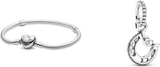 Pandora Moments Schlangen-Gliederarmband mit Herz-Verschluss aus Sterlingsilber Moments Collection, Größe: 17 cm & Glückshufeisen Charm-Anhänger, Sterling-Sil