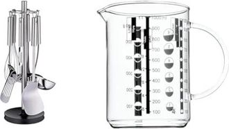 WMF Profi Plus Küchenhelfer Set 7-teilig, Ständer mit 6 Helfern, Schöpflöffel, Schaumlöffel, Wokwender & Gourmet Glas Messbecher 1l, hitzebeständiges Glas