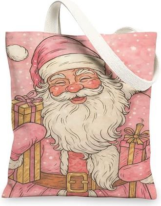 Generic Sacs fourre-tout en toile de Noël, motif Père Noël, sacs de courses réutilisables, mignons, colorés, légers, lavables à lépaule, pêche, 13x15 Inch