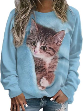 Onsoyours Pullover Damen Sweatshirt Herbst Winter Frauen Drucken Langarm Kapuzenpullover mit Katze Motiv Hemd Locker Casual Oberteil Bedruckte Tops Sweatshirts 