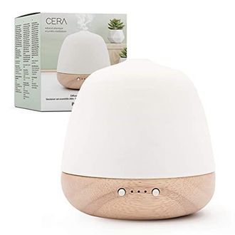 Pranarôm Diffuseur Cera Ultrasonique - Huiles Essentielles - Bois & Céramique - Lumière dAmbiance - Relaxation & Méditation - Réservoir 180 ML