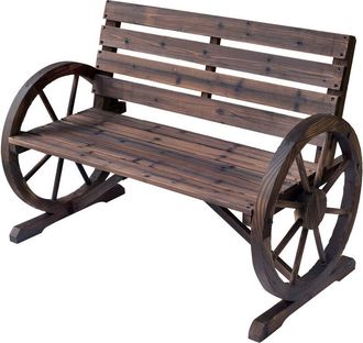 OUTSUNNY Banc de jardin 3 places style rustique chic accoudoirs roues charette bois sapin trait&eacute; carbonisation