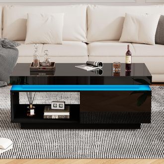 Merax Moderner Hochglanz-Couchtisch mit LED-Beleuchtung, 100x50x40,3 cm, Schwarz Wohnzimmer-Tisch mit Schublade,Elegantes Design f&uuml;r Wohnzimmer