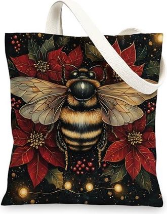 Generic Sac fourre-tout vintage en toile dabeille de No&euml;l pour faire du shopping, 33 x 38,1 cm, motif poinsettia de No&euml;l, sac d&eacute;picerie r&eacute;utilisable, sac d&eacute;pi