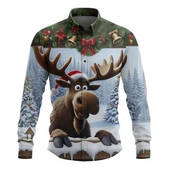 Generic Chemise de Noël amusante avec flocons de neige et rennes imprimés à manches longues pour homme - Chemisier à revers boutonné - Vêtements de Noël pour 