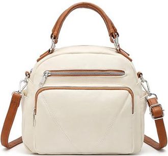 Miss Lulu Sac &agrave; main pour femme, sac &agrave; bandouli&egrave;re tendance, style bowler, sac &agrave; bandouli&egrave;re avec poign&eacute;e sur le dessus, Beige et marron