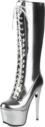 Generic Bottes hautes à plateforme épaisse pour femme - Chaussures de danse tendance ultra hautes à lacets avec fermeture éclair, Argenté., 37.5 EU