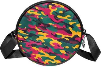 Generic Petit sac &agrave; bandouli&egrave;re rond pour femme, motif camouflage color&eacute;, avec fermeture &eacute;clair, bretelles r&eacute;glables, sac &agrave; main rond d&eacute;contract&eacute; pour femmes 
