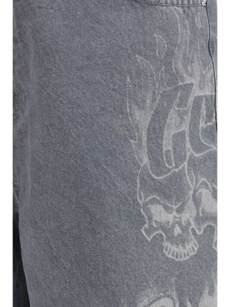 GCDS Mens Baggy Shorts Riders Quarry Grey-White Cotton Bermuda Grey/white