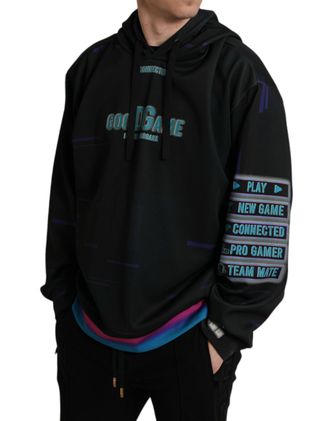 Dolce & Gabbana Mens Black Logo Print Hooded Sweatshirt Sweater Polyester Elastane Clothing