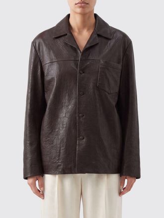 Saint Laurent Veste-chemise courte en cuir dagneau avec poches plaqu&eacute;es