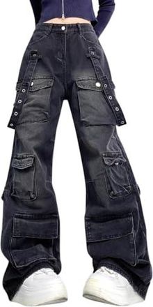 Minetom Jeans Femme Pantalon Cargo Straight Trousers Casual Multi-Poches Boyfriend Baggy Sport Denim Pantalon avec Poches Streetwear A04 Noir XL