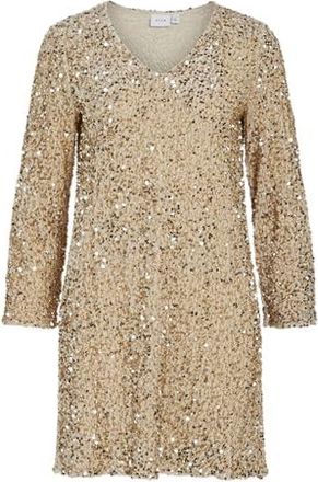 Vila Vila Neck Dress/Vol Vifaith Robe à Sequins col en V L/S, Amande givrée, M Femmes