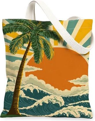 Generic Sacs fourre-tout en toile de palmier tropical, motif coucher de soleil oc&eacute;an, sacs r&eacute;utilisables, l&eacute;gers et lavables pour l&eacute;t&eacute;, pour voyage, plage, Or