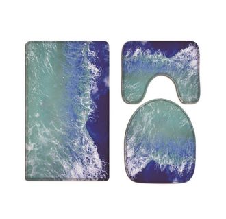 A.Monamour Badezimmer Badematte 3 Teilig Set Spritzwasser Blau Ozean Meer Welle Sch&auml;ume Wolke Im Himmel Toiletten&uuml;berzug Flanell Saugf&auml;hig Badteppiche Badvorlege