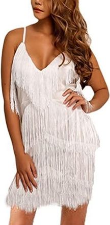 Onsoyours Robe Sexy Femme Dété Moulante Robe à col en V de Soirée Bretelle à Franges Robe Cocktail à Paillettes Brillante Col V Robe Slim Vintage Couleur Unie B