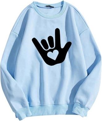 Generic Sweat-shirt &agrave; capuche &agrave; manches longues et col rond imprim&eacute; &laquo; I You Gesture &raquo; pour femme, bleu, XXL